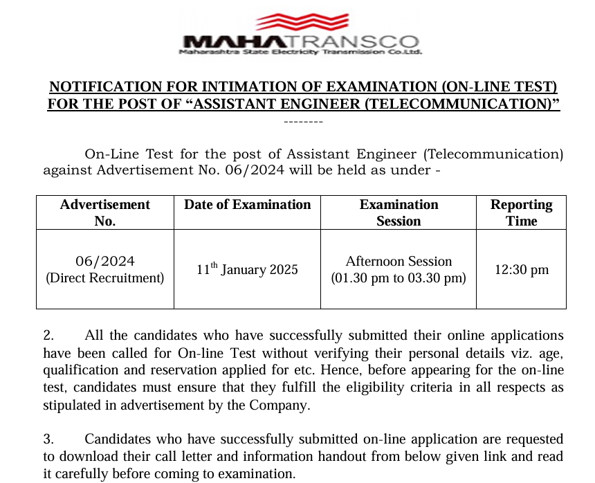 MAHATRANSCO Exam Date 2024 Out, Complete Exam Schedule For 4337 Posts