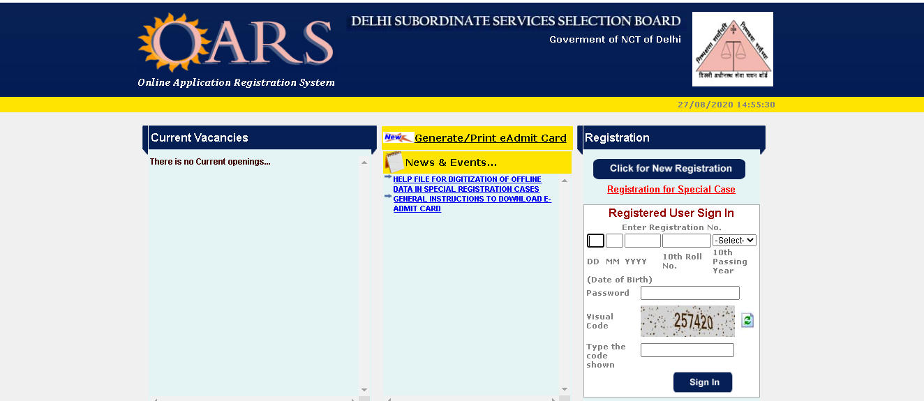 DSSSB Login@Dsssbonline.nic.in, DSSSB Registration
