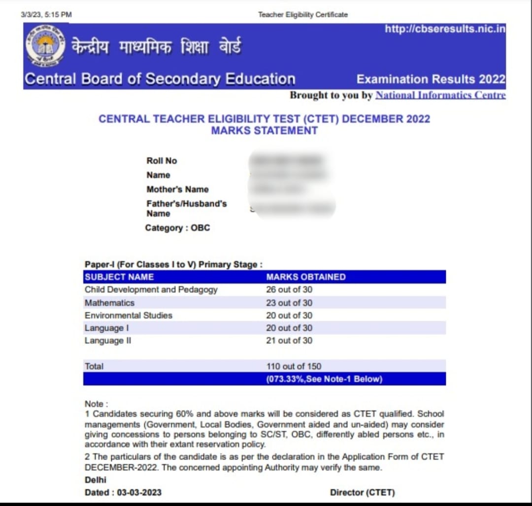 CTET Scorecard 2023 Out, Download PDF Steps
