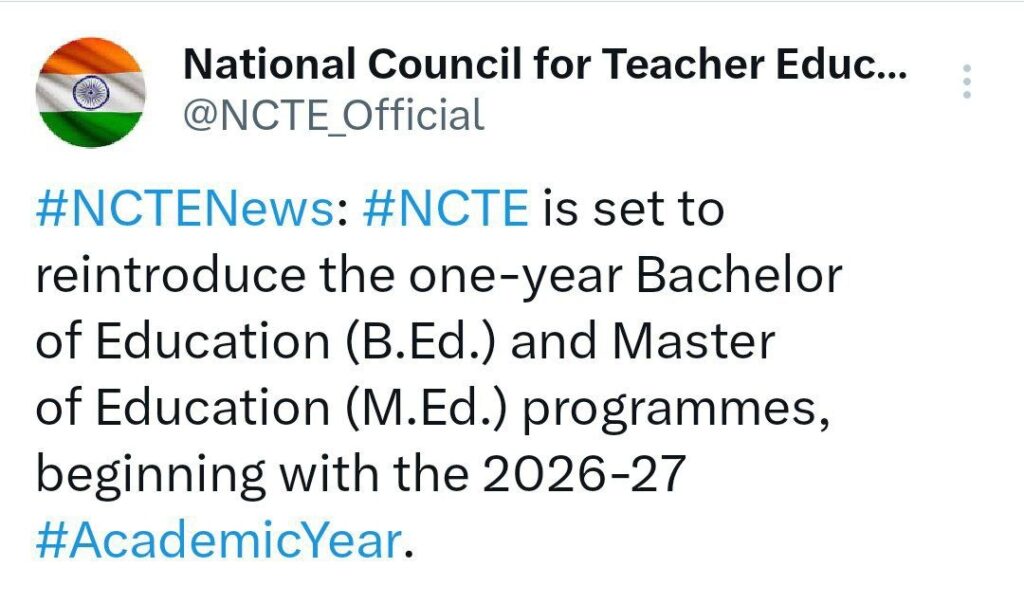 NCTE To Reintroduce One-Year BEd from 2026