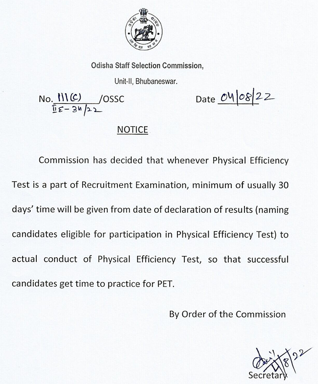OSSC Physical Efficiency Test Notice for Exam 2022