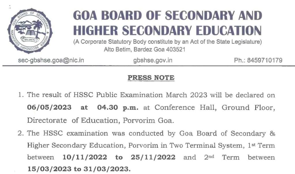 Goa Board HSSC Result 2023, Goa 12th Term 2 Result Direct Link
