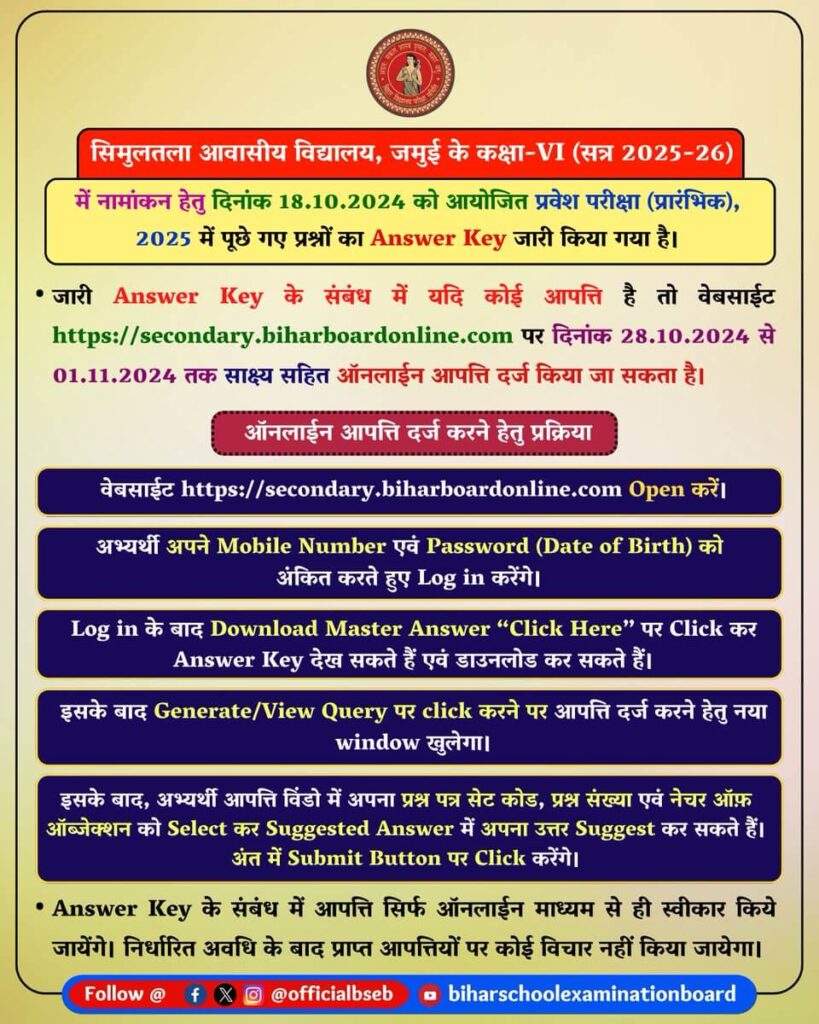 BSEB Simultala Awasiya Vidyalaya Answer Key 2024 Class 6 Out, Download ...