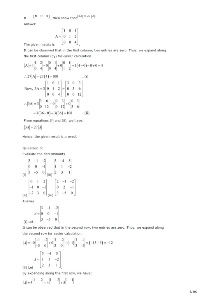 NCERT Solutions Maths Chapter 4 Determinants for Class 12 Pdf Download Link