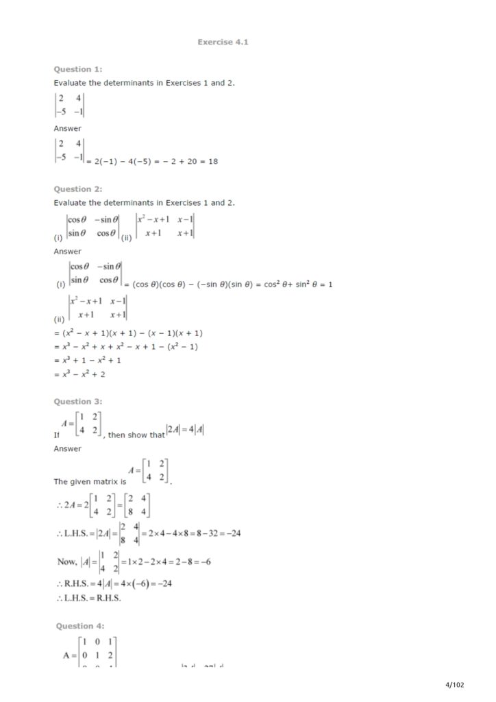 NCERT Solutions Maths Chapter 4 Determinants for Class 12 Pdf Download Link