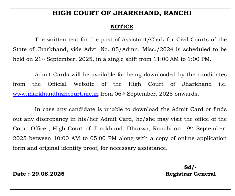 Jharkhand High Court Assistant Admit Card 2025, Download PDF