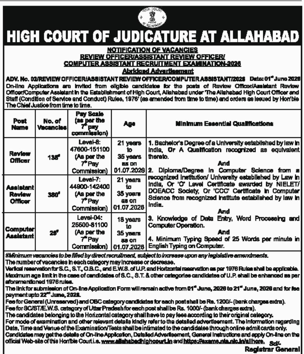 Allahabad High Court RO ARO Recruitment 2026 Notification Out For 543 ...